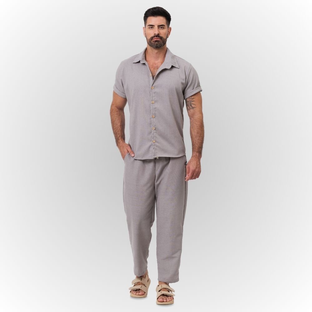 Conjunto Masculino Linho Cinza - Linha Exclusiva | Shopee Brasil