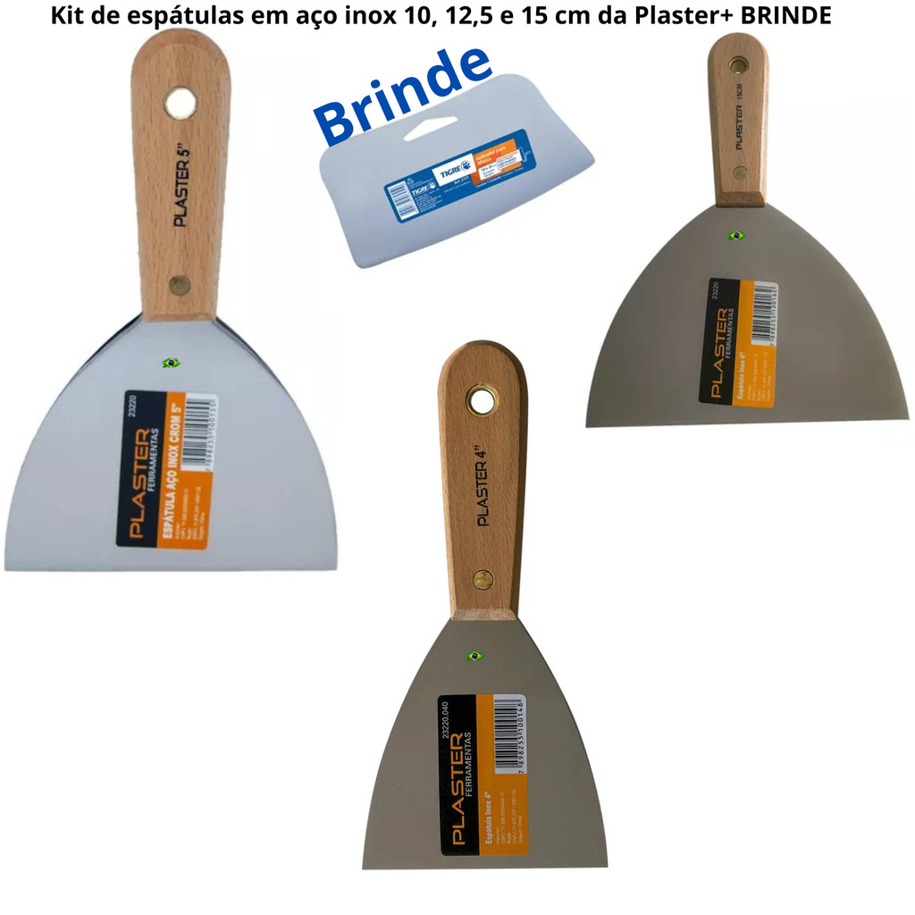 Kit de espátulas em aço Inox 10 12,5 e 15 cm da Plaster para alvenaria ...