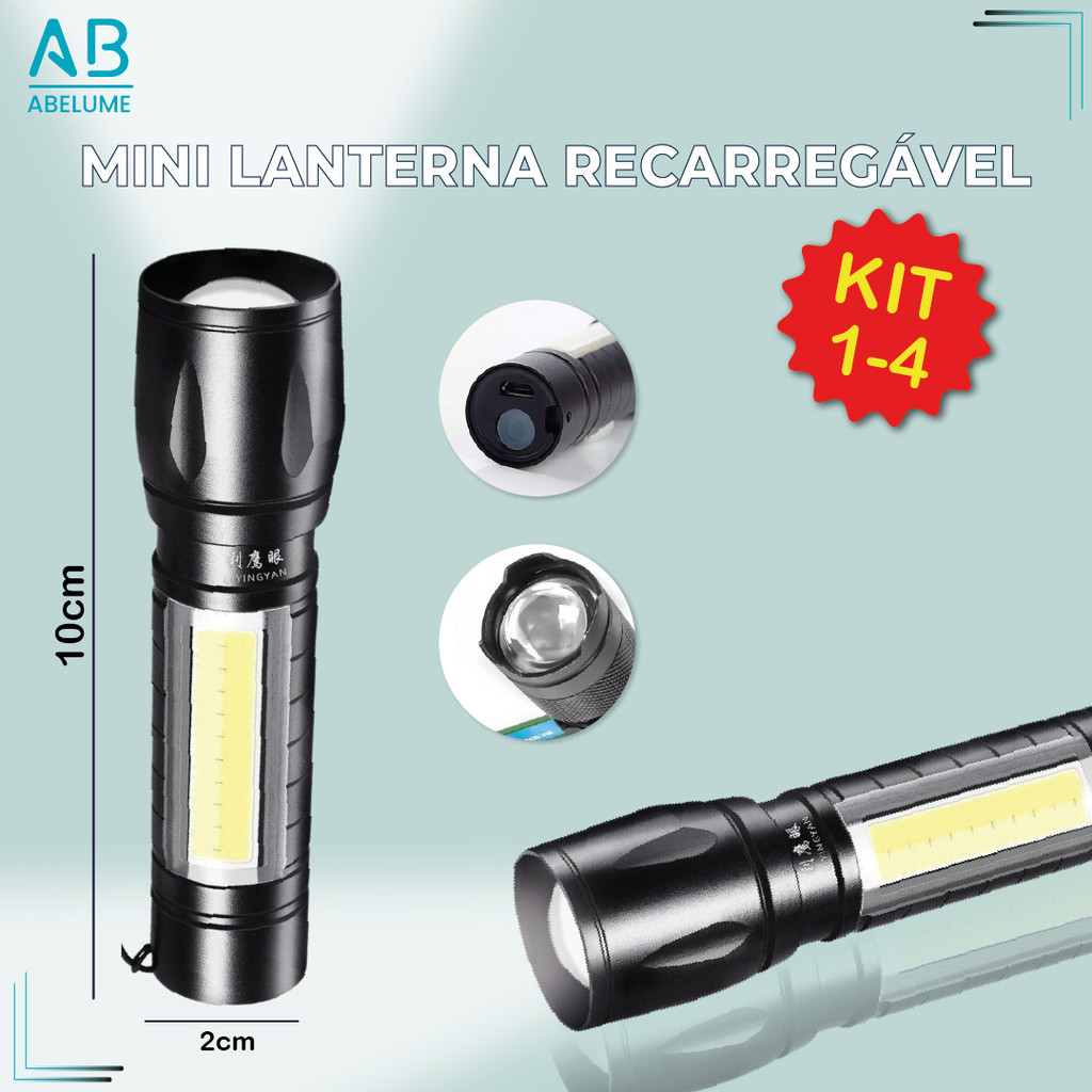 Kit 4 Mini Lanterna Led Tática USB Portátil com Zoom Recarregável Luz ...