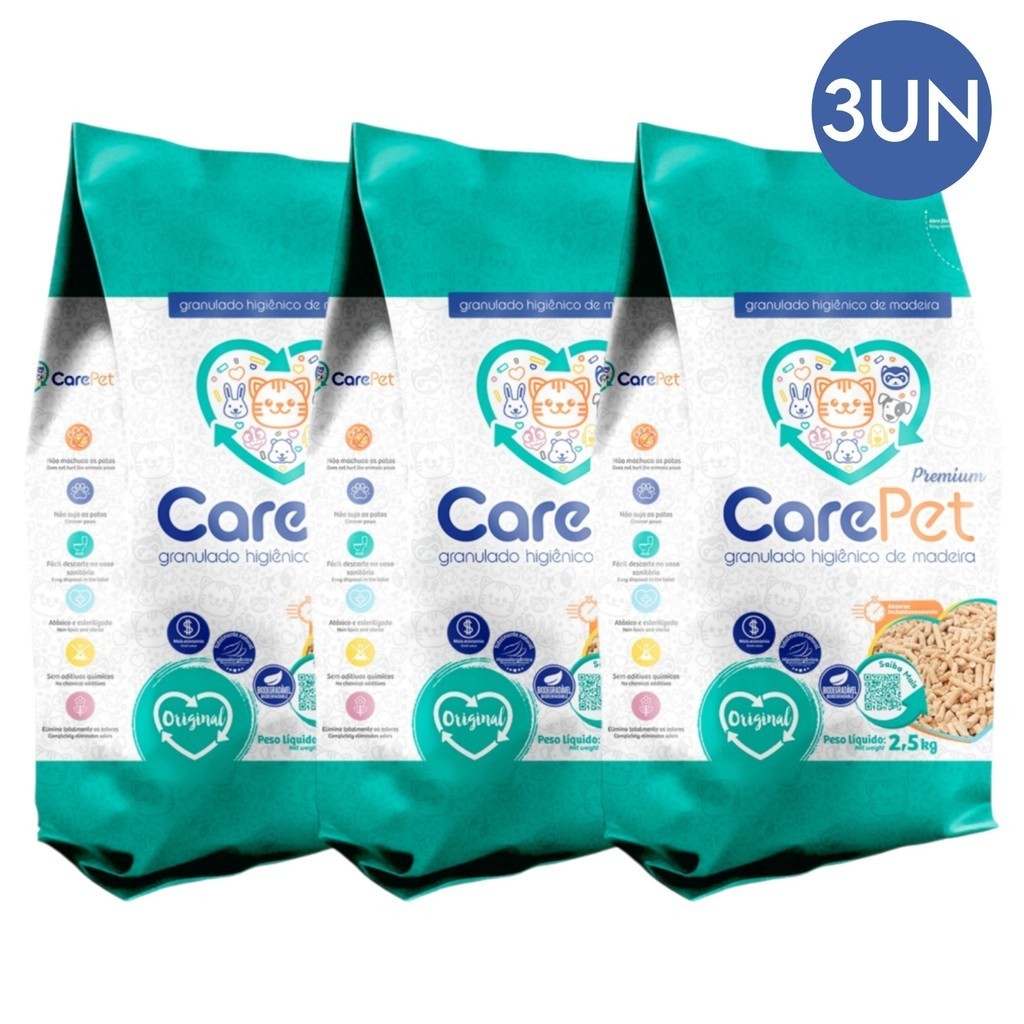 Kit 3 Areia Higienica Para Gato Granulado Madeira Carepet 2,5Kg ...