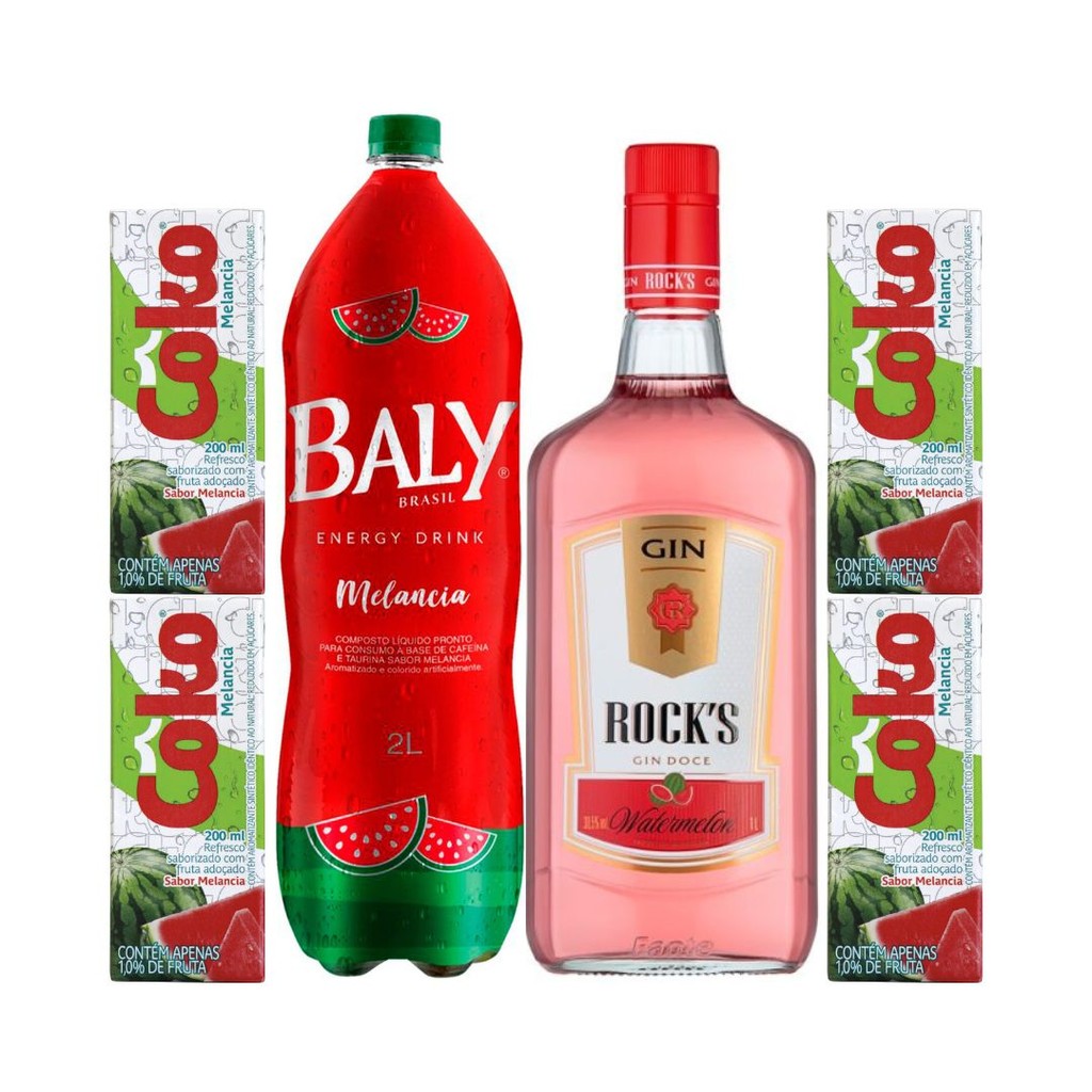 Gin Rock's Melancia 1L + Energético Baly 2L + 4 Coko | Shopee Brasil