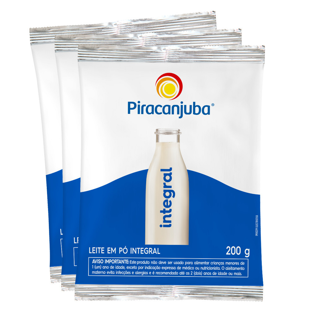 Pack 3 unidades Leite em Pó Integral Piracanjuba 200g - Kit com 3x200g ...