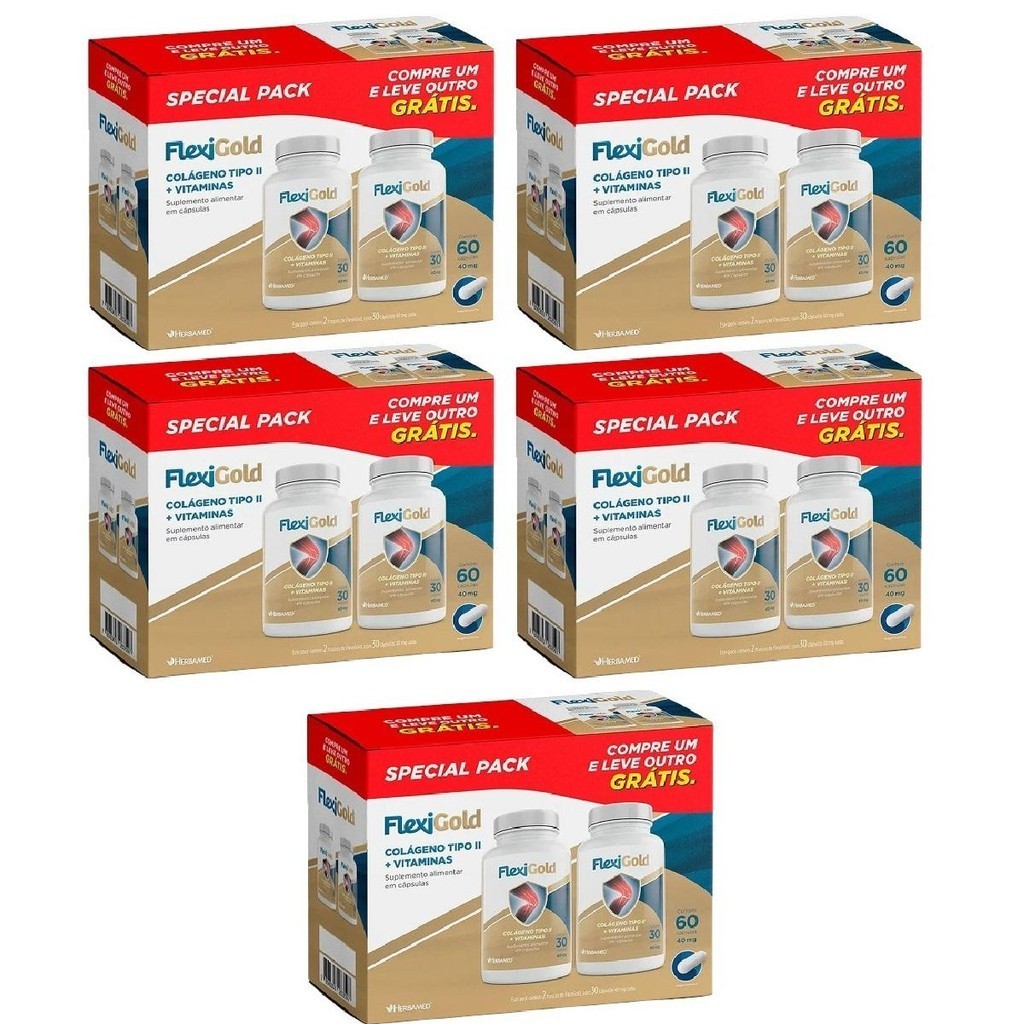 Kit 5 Special Pack Herbamed FlexiGold Colágeno Tipo II + Vitaminas Com ...