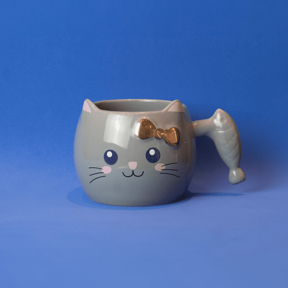 Caneca de Porcelana Cat Loves Fish - Cinza | Shopee Brasil