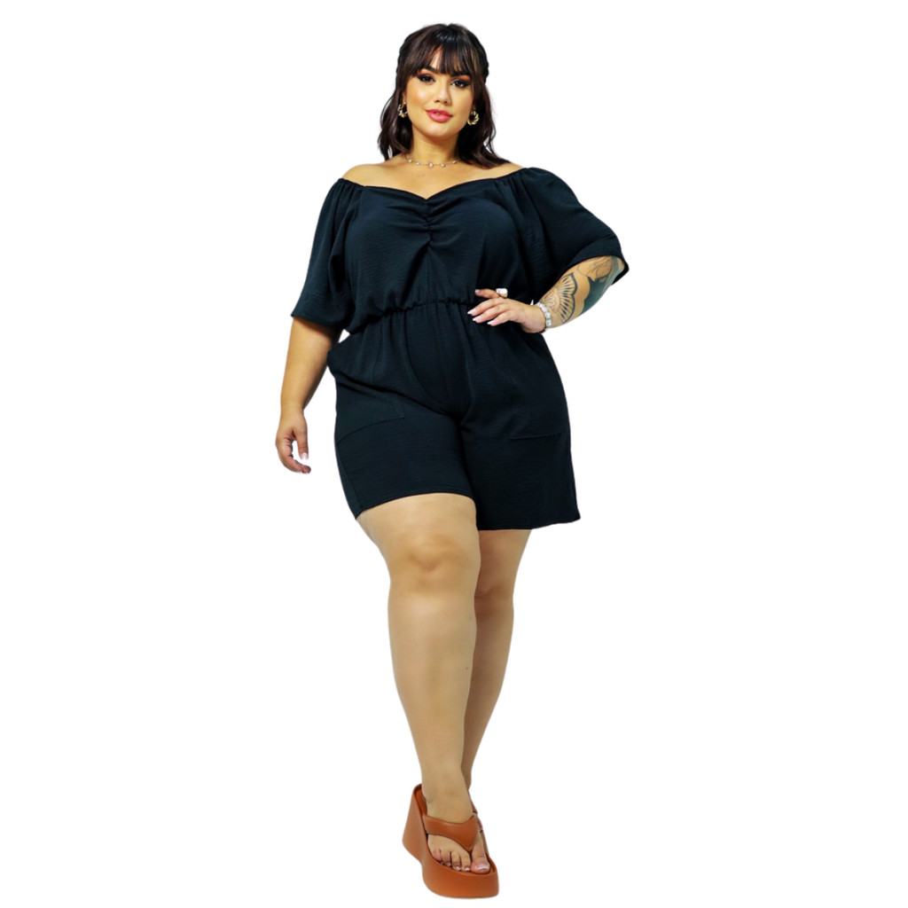 Macacão Curto Macaquinho Plus Size Ciganinha Ombro A Ombro Shopee Brasil