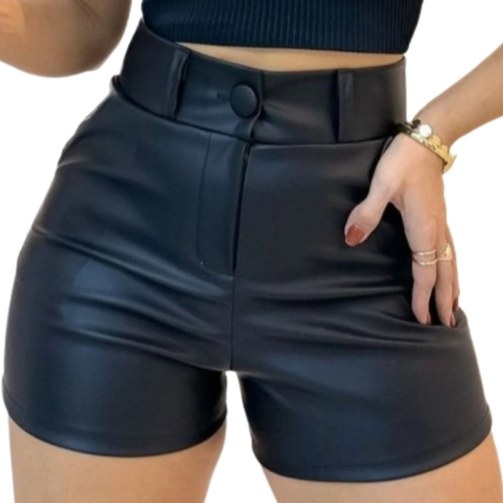 Shortinho Short Couro Fake Plus Size Com Botão Encapado | Shopee Brasil