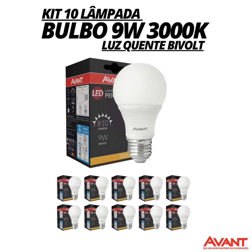 Kit 10 Lâmpada Led Bulbo 9W 3000K Branca-Quente Bivolt E27 | Shopee Brasil