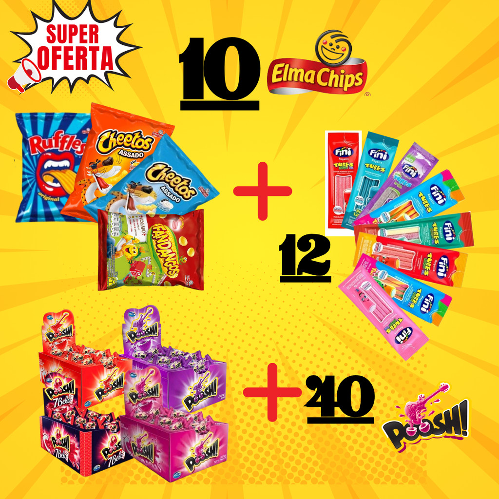 SUPER COMBO Guloseimas 10 Salgadinhos Elma Chips + 12 Fini Tubes + 40 Chicle Poosh | Shopee Brasil