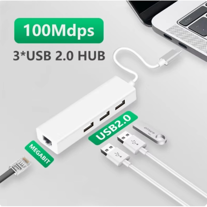 Adaptador De Rede USB 2.0 HUB Para Ethernet 10/100Mbps Rj45 Com3 Portas ...