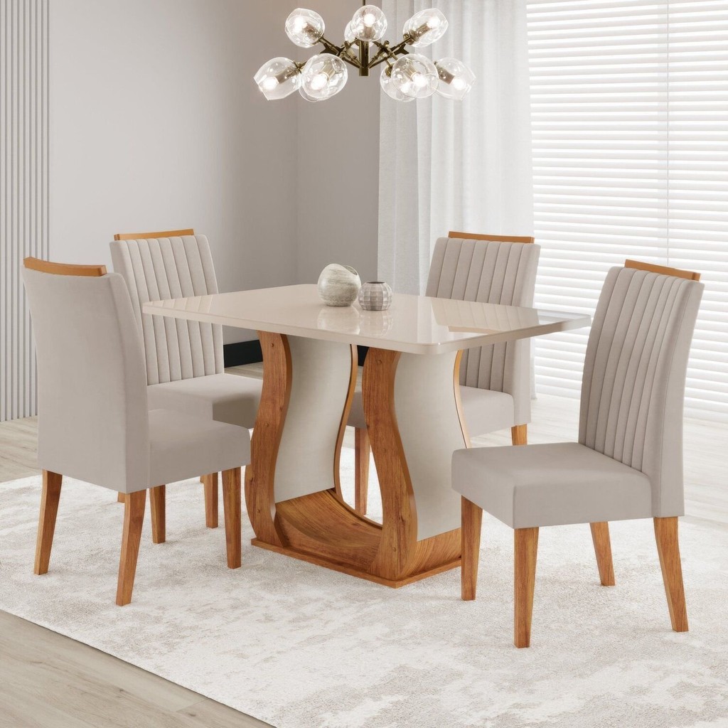 Conjunto Sala de Jantar Mesa 120x80,7cm Tampo com Vidro 4 Cadeiras Inspirare Bege/Mel | Shopee ...
