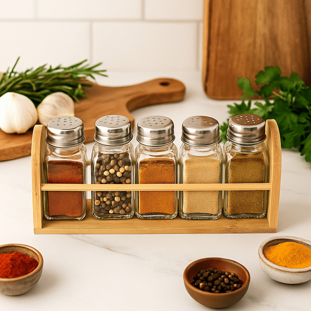 Kit Porta Condimento 5 Potes e Suporte Bambu - Casita / Vidro / Cozinha ...