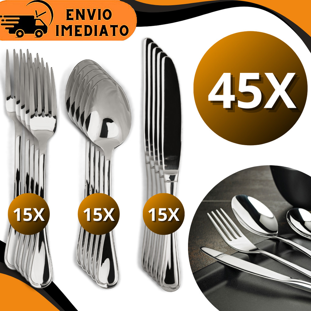 Kit Jogo 45 Talheres Aço Inox PREMIUM Faca 15 Garfos 15 Facas e 15 ...