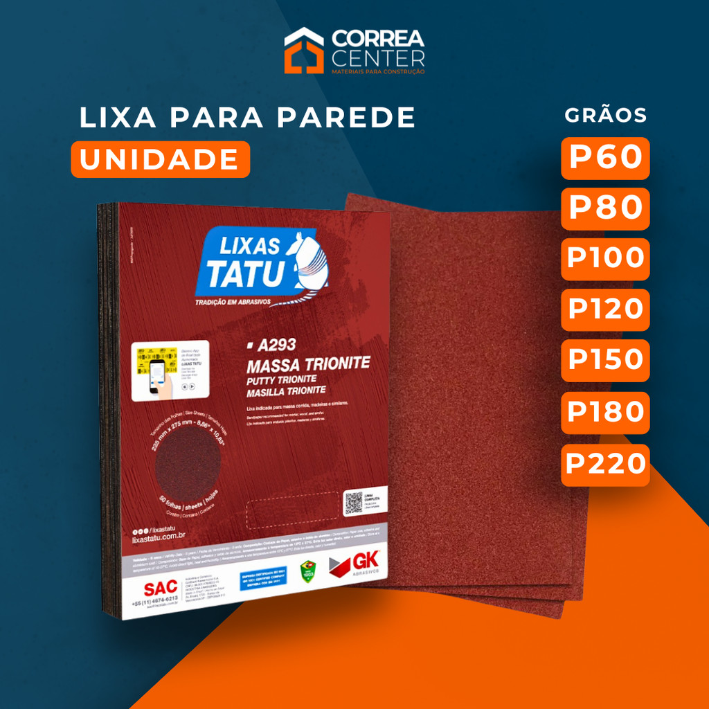Lixa Para Massa Parede 60 80 100 120 150 180 220 Lixas Tatu UNIDADE ...