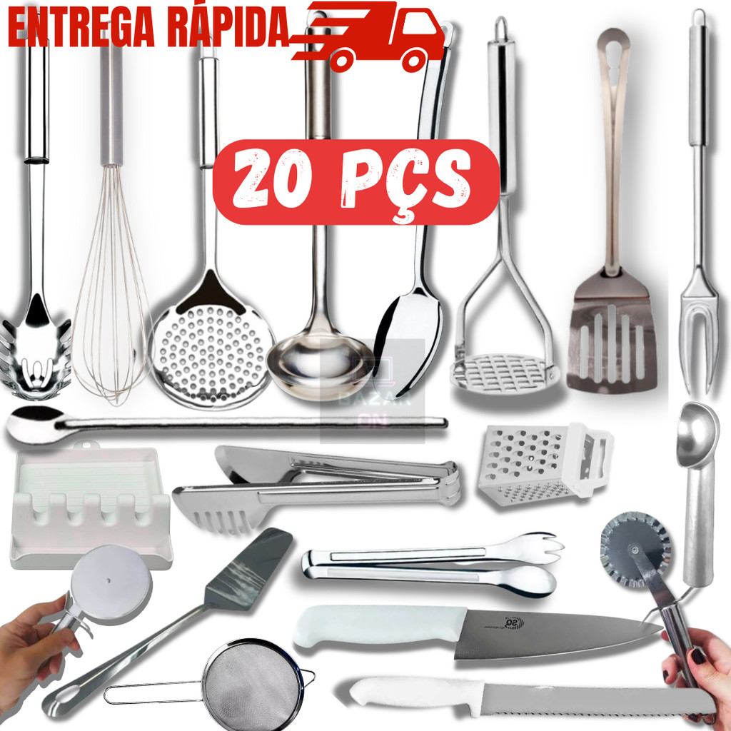 Kit 20 Peças Utensílios De Cozinha Inox Conjunto Completo Jogo Concha ...