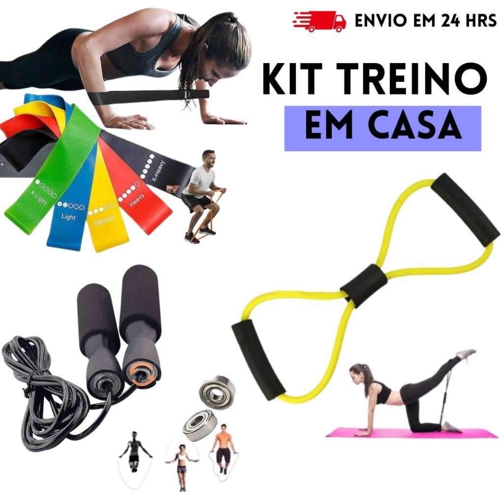 Kit Treino em Casa Completo Elástico Extensor Cross Tube Corda de Pular ...
