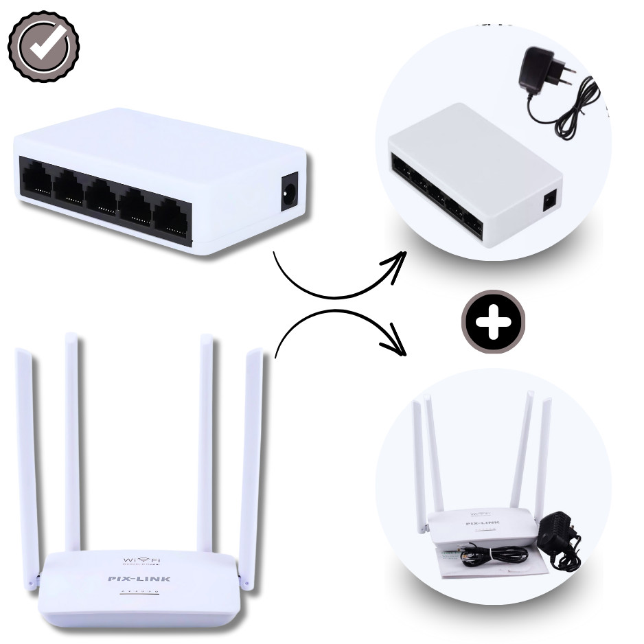 Switch de Rede + Roteador Wi-Fi 4 Antenas – Kit Completo de ...