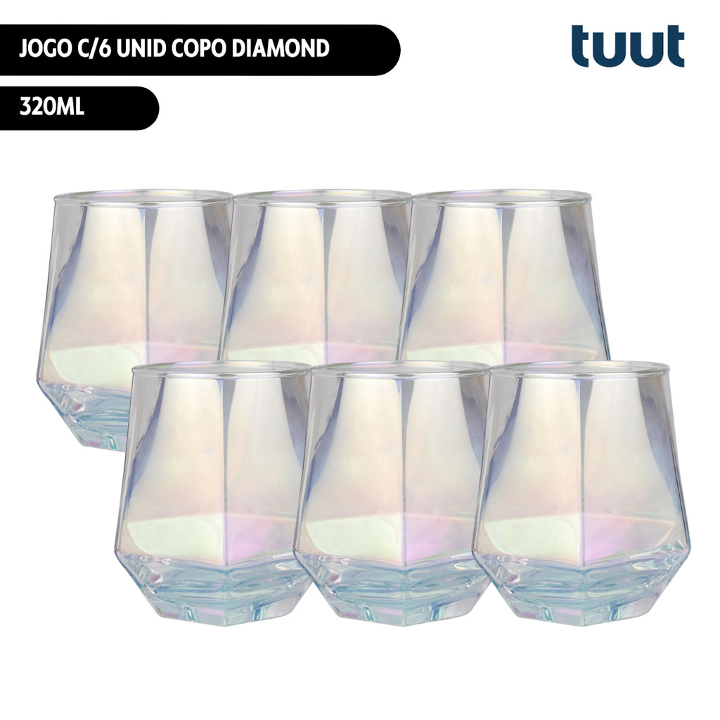 Jogo c/6 Unid Copo Diamond 320ml Furtacor Vidro Tuut | Shopee Brasil