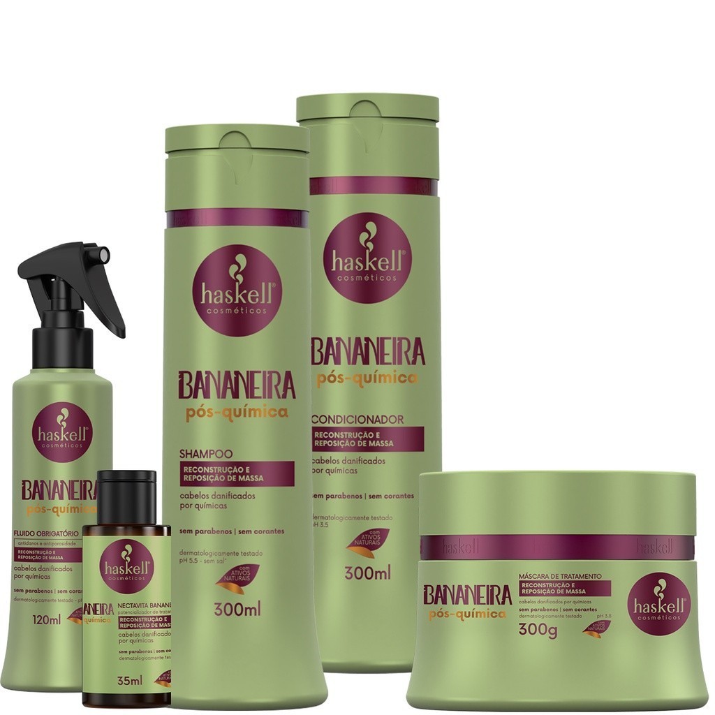 Kit Haskell Bananeira Shampoo Condicionador Máscara 300ML/G e Fluido e Nectavita Completo ...