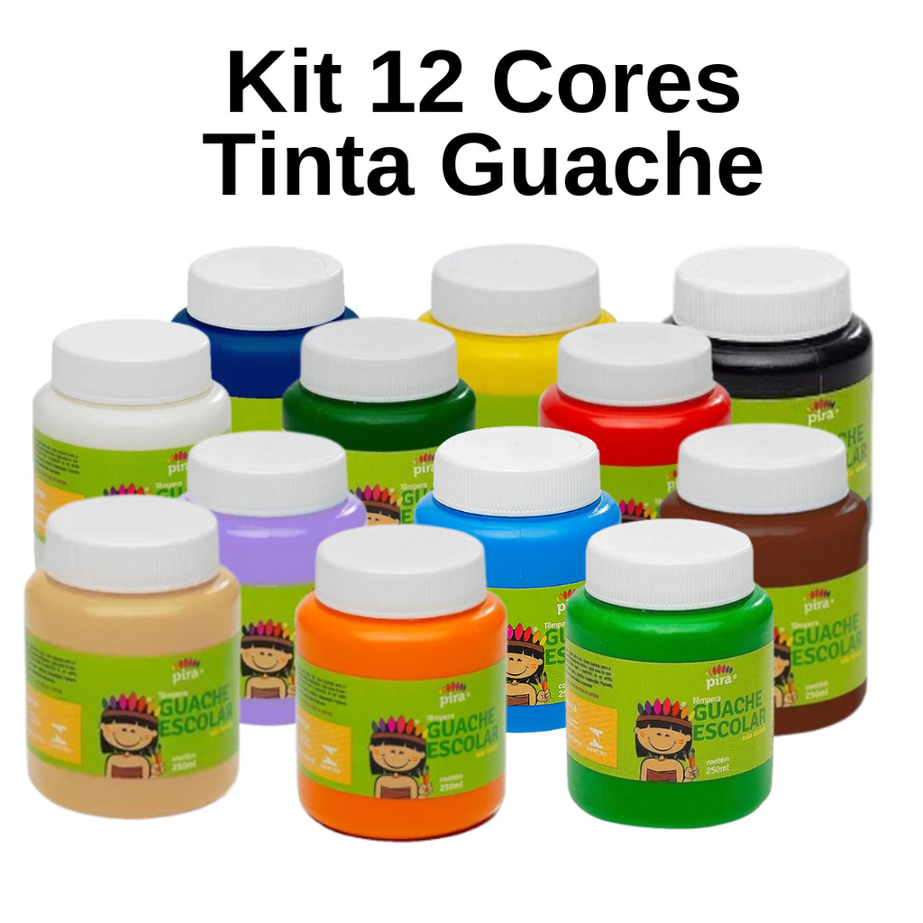 Kit 12 Tintas Guache Cores Variadas 250ml Piratininga | Shopee Brasil