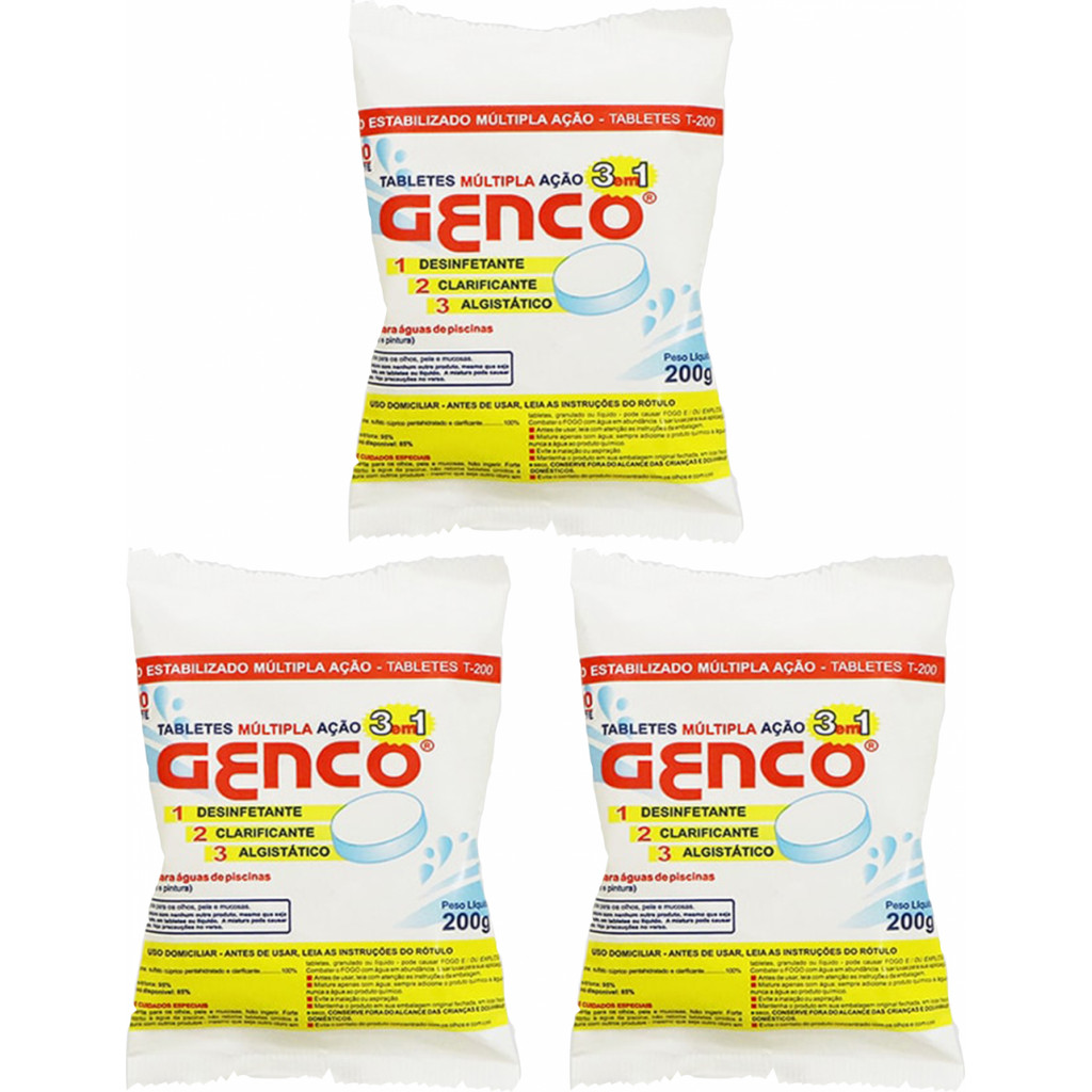 3 Tablete Pastilha Cloro Multipla Acao 3 em 1 T200 200g Genco | Shopee Brasil