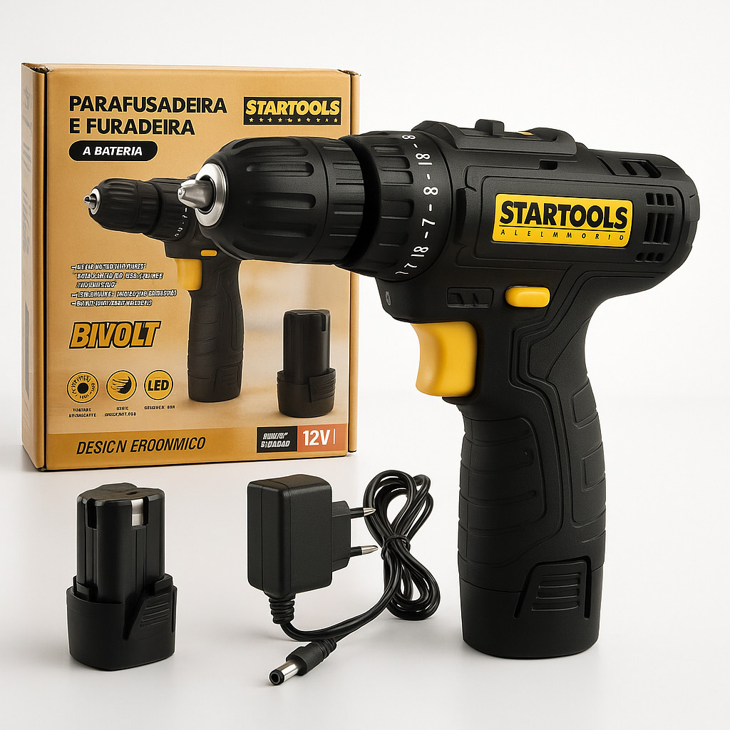 Furadeira e Parafusadeira 12V Bivolt Startools + Acessórios | Shopee Brasil