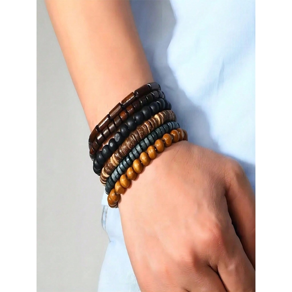 Conjunto de Pulseiras Elásticas com Pérolas de Madeira e Contas ...