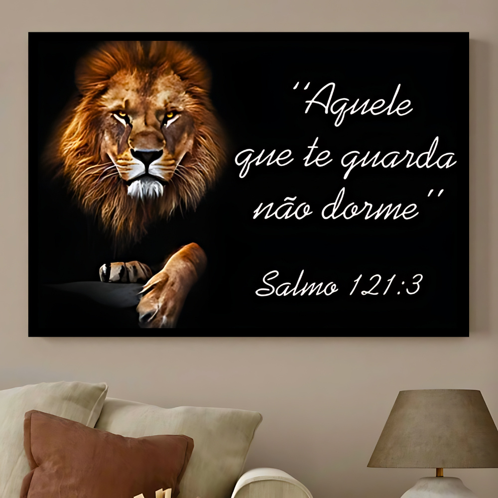 QUADRO TELA DECORATIVA 80X110 LEÃO JUDA FRASE AQUELE QUE TE PROTEGE NAO ...