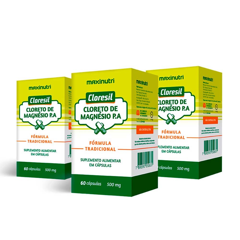 Kit 3 Cloresil Cloreto Magnésio 500mg 60 Cápsulas Maxinutri | Shopee Brasil