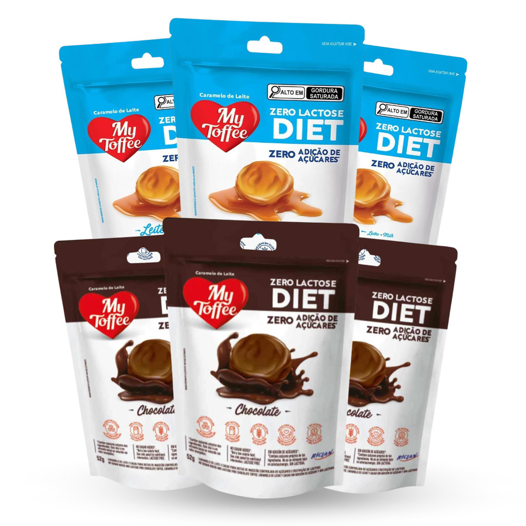 Bala My Toffee Zero Lactose Saudável Diet Leite e Chocolate | 6 Pacotes ...