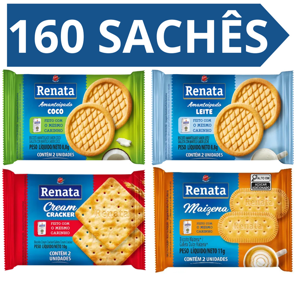 Kit 160 Sachês Biscoito Renata Sabores Leite, Coco, Maizena, Cream ...