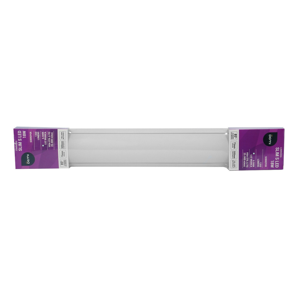Luminária Slim LED 18w Sobrepor 6500k Branca 500x75mm Demi 1350 Lúmens ...