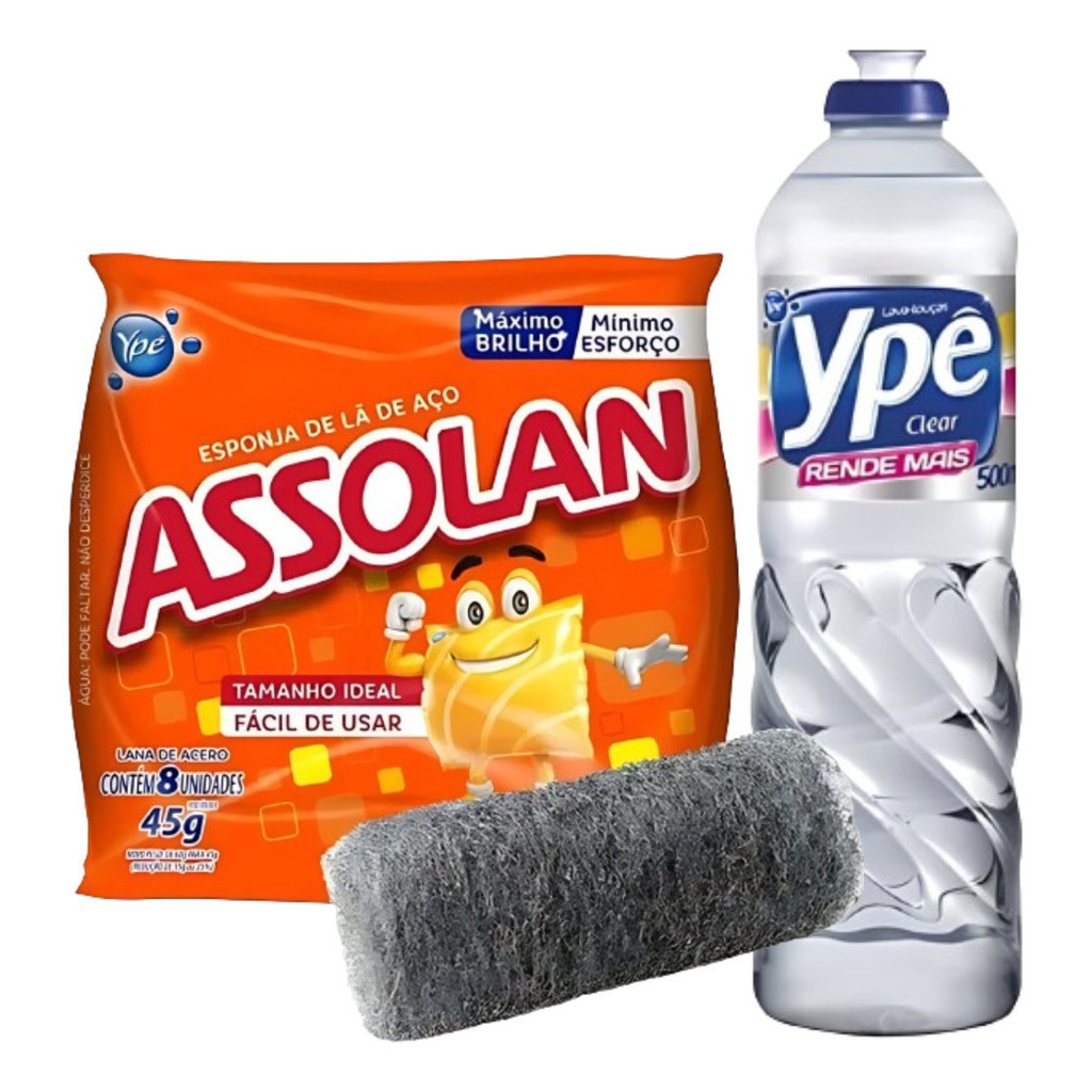 Kit Esponja De Aço Assolan Pacote Com 8 Unidades Mais 1 Detergente Ypê ...
