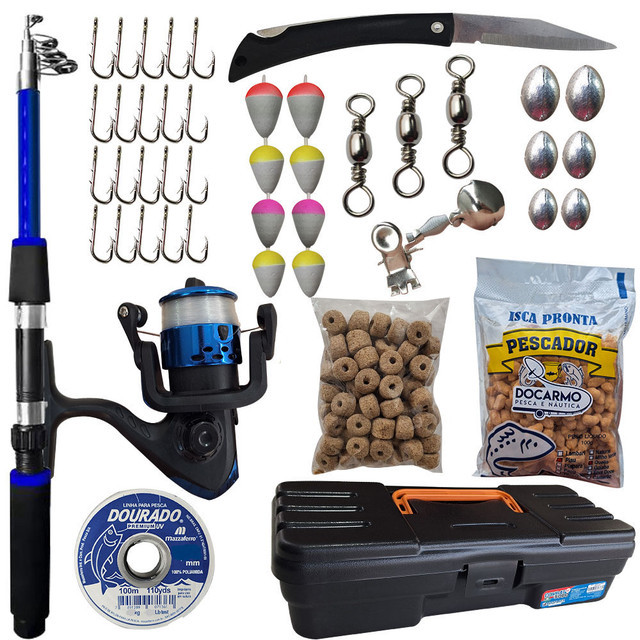 Kit Pescaria Completo Vara Retrátil Molinete com Maleta Chumbada Anzol ...