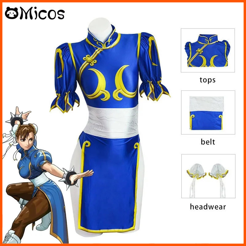 Chun Li Cosplay Jogo De Vestidos De Fantasia SF Chunli Papéis Qipao Azul Conjunto Completo ...