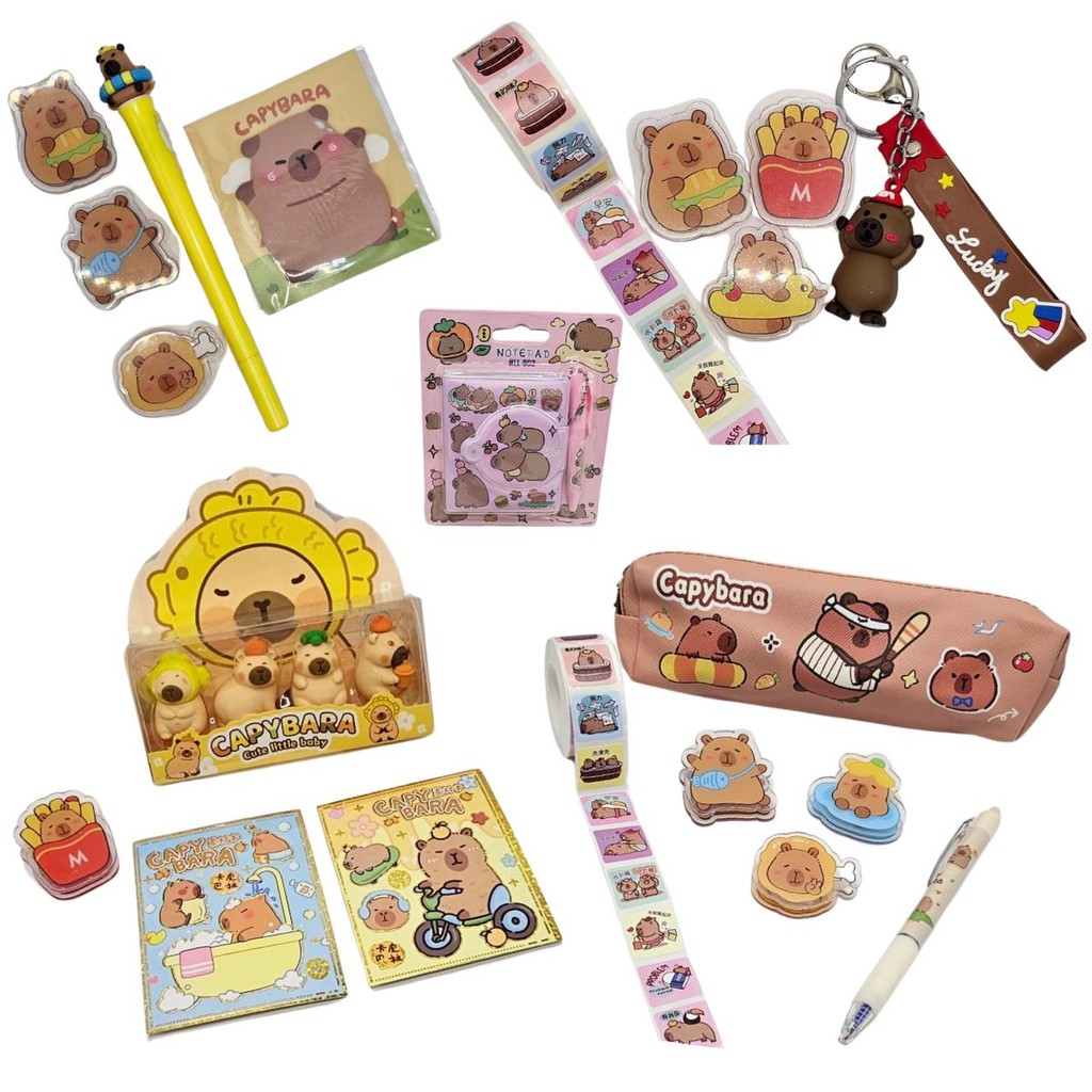 Kits Capivara Variados com os itens: Adesivos, Chaveiros, Borrachas ...