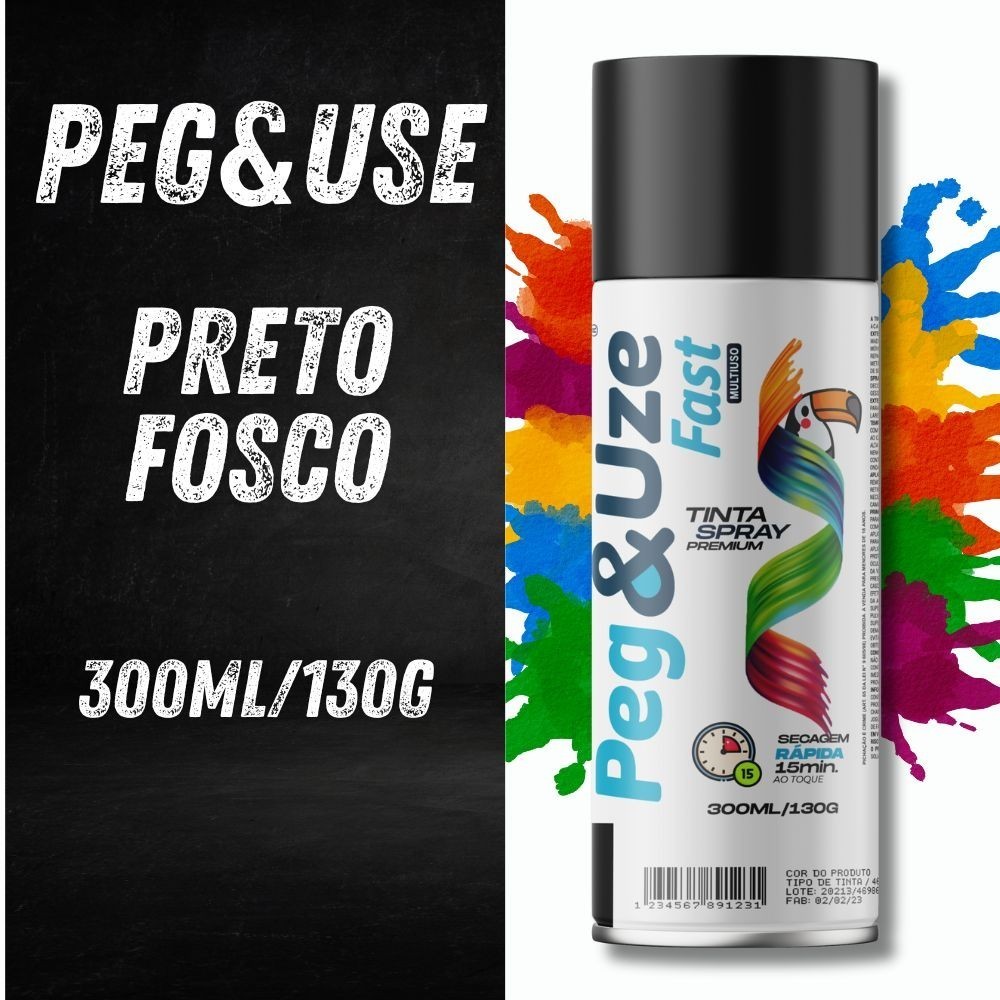 Tinta Spray PEG&UZE Fast Preto Fosco 300ml/130g - Secagem Rápida e ...