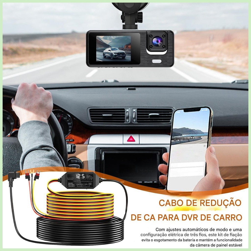 Dash Cam Cable 3-Lead Car Camera Charger Com Monitor De Tensão De ...