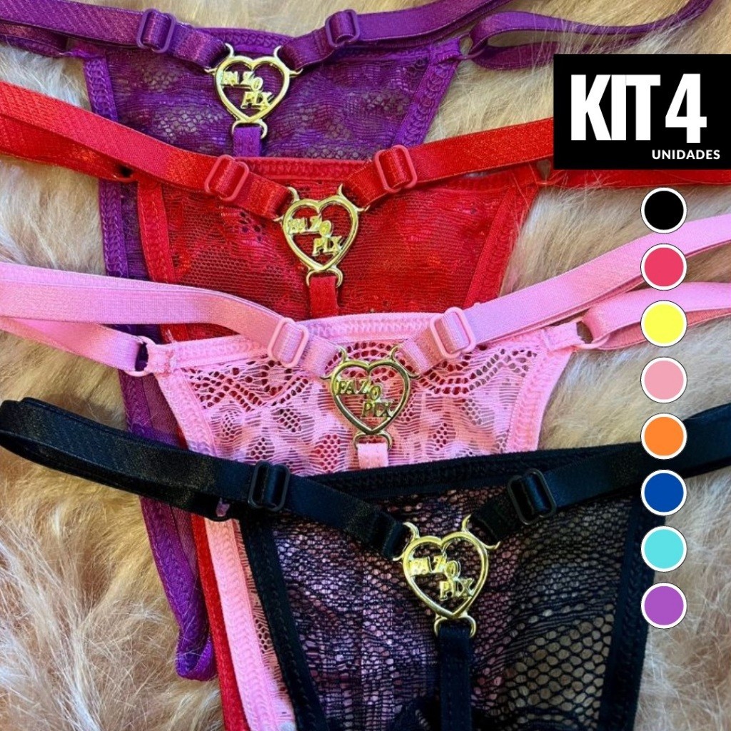 Kit 4 Tangas Coração Rendada Lingerie Feminina Sexy Com Pingente Fio