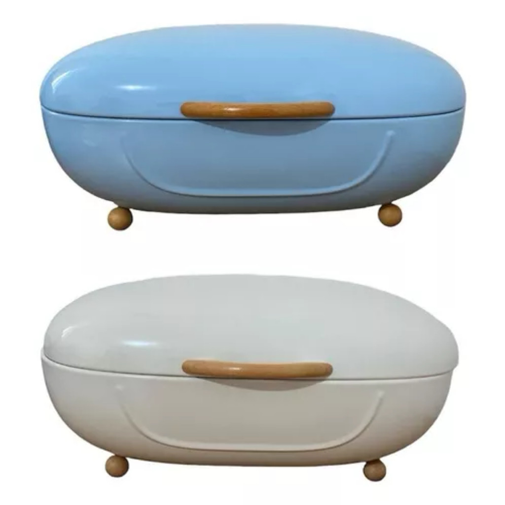 Porta Pão em Lata de Metal e Alça de Bambu 43cm Azul e Branco Isanog ...