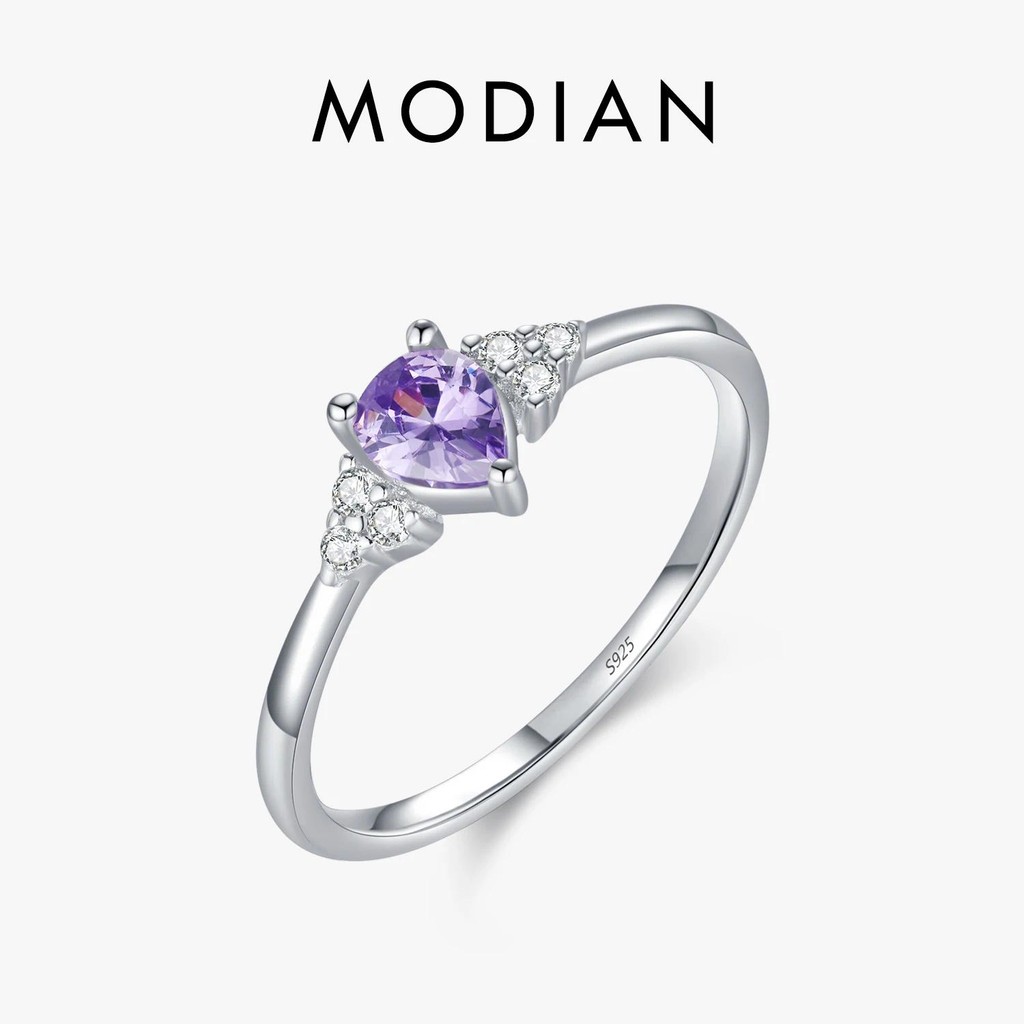 MODIAN 925 Sterling Silver Drop Water Cocktail Ring Clássico Prong Purple Cubic Zirconia Anéis ...