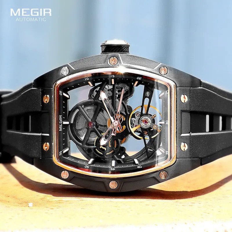MEGIR Automatic Wristwatch Men Fashion Black Silicone Strap Wateproof ...