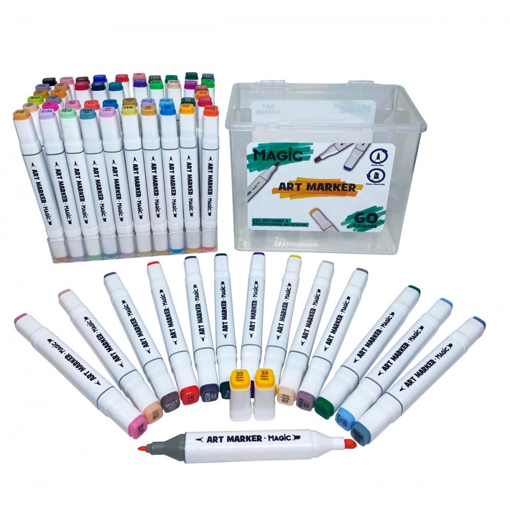 Kit Art Marker 60 Cores - Canetas Marcadoras Ponta Dupla Com Estojo ...
