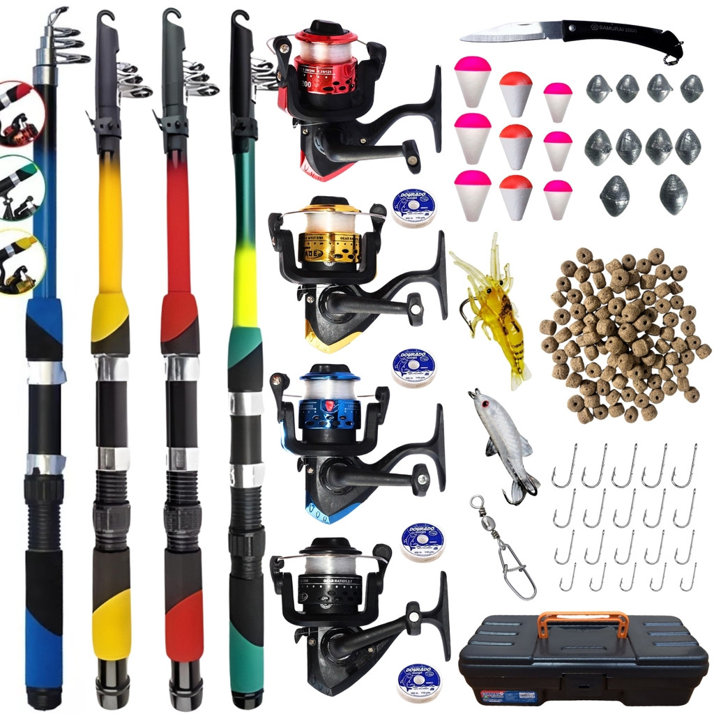 Kit Pesca Completo 4 Varas Telescópica + 4 Molinetes + Iscas | Shopee ...