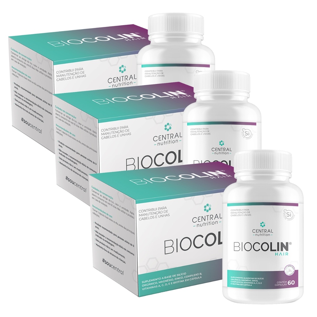 Kit 3 Biocolin Hair 500mg Silício Vitam E 60 Cap Central Nutrition ...