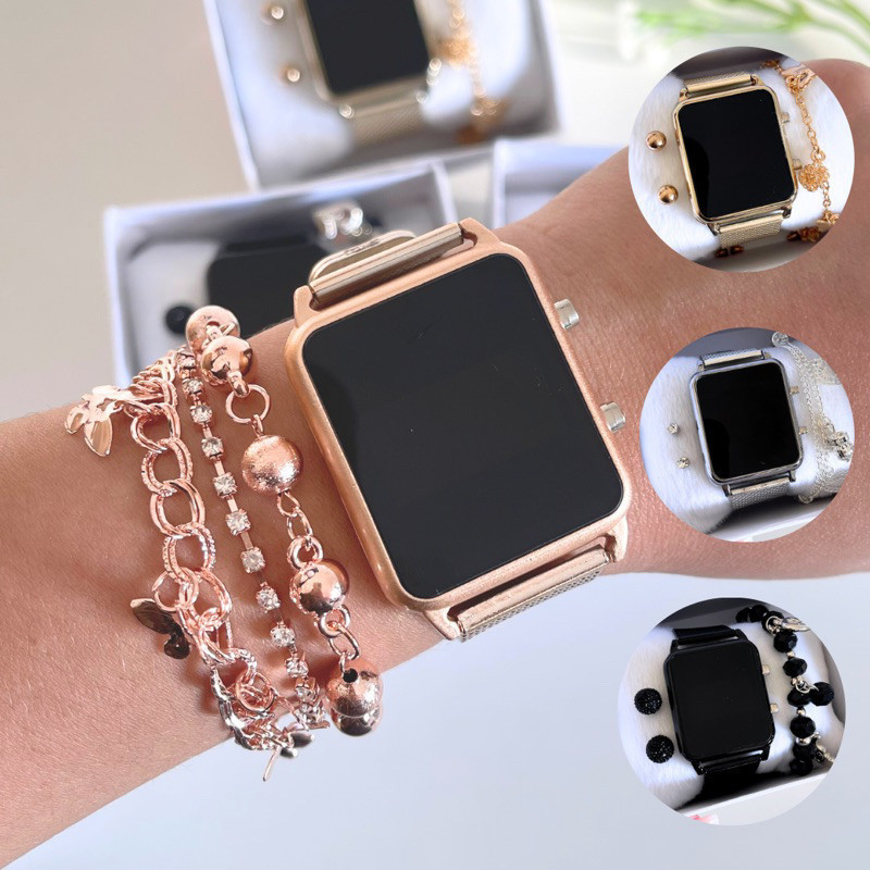 Relógio Digital Led De Pulso Feminino Quadrado Com Pulseira e Colar e ...