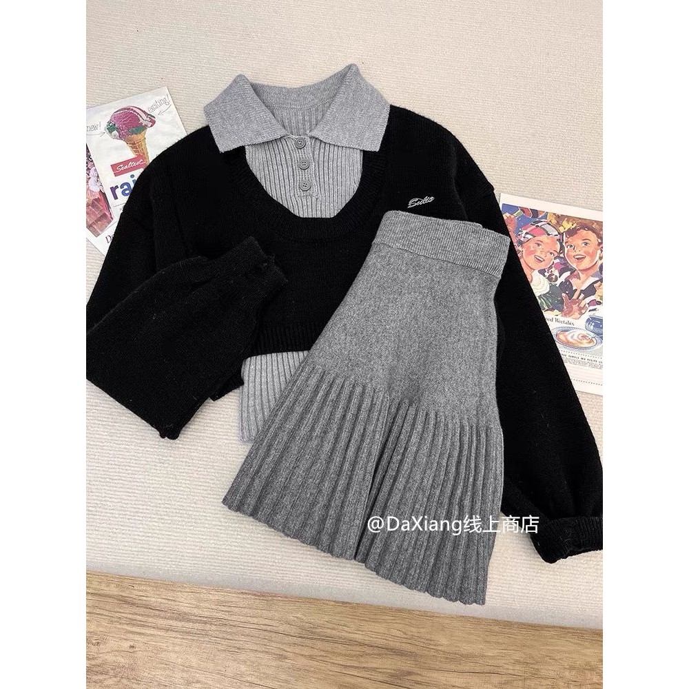 Terno feminino suéter de malha americano + saia plissada terno de três ...