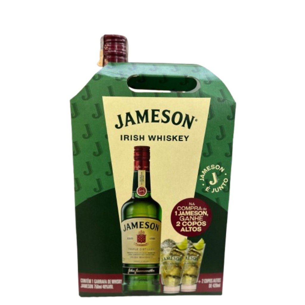 Kit Whisky Jameson Triple Distilled Irish 750ml Com Dois Copos de Vidro ...
