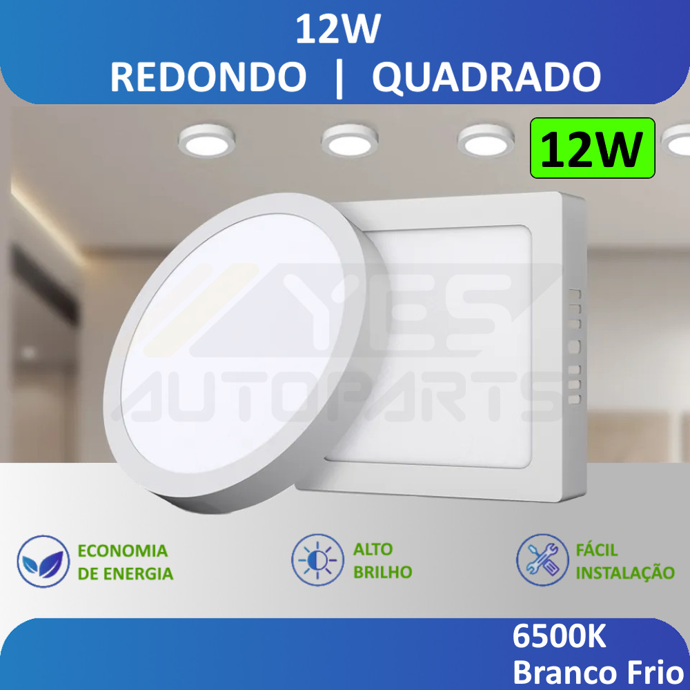 Luminária Painel Plafon Led 12W Quadrado Redondo Sobrepor Alumínio ...