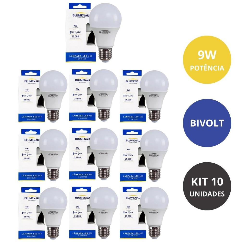 Kit c/ 10 Lâmpadas Led Bulbo 9w E27 Bivolt 6500K Alta Potência Blumenau ORIGINAL (1 Ano de ...