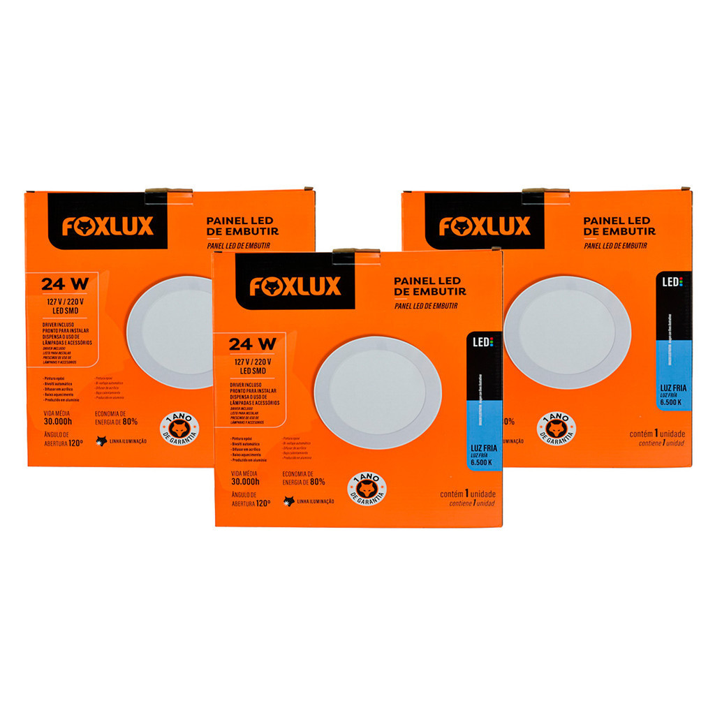 Kit 3 Painel LED Foxlux 29,4x29,4 Redondo Embutir 24W 6500K Branco ...